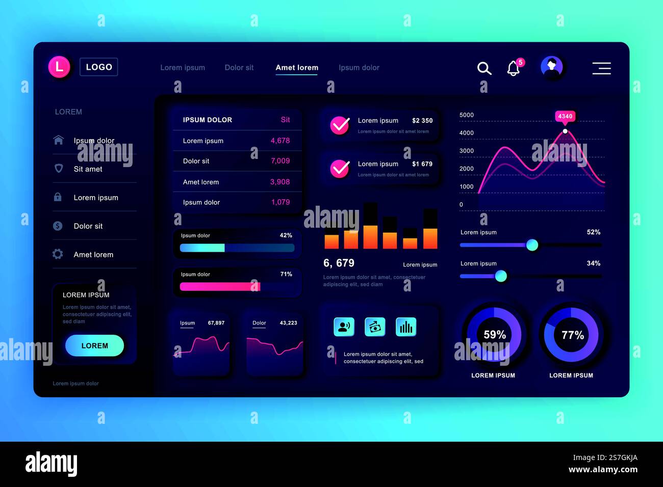 Neumorphic dashboard UI kit. Admin panel vector design template with ...
