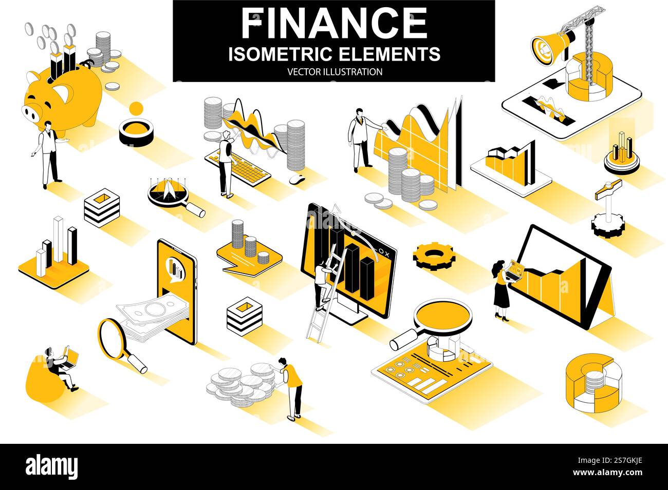 Finance bundle of isometric elements. Financial analytics, piggy bank ...