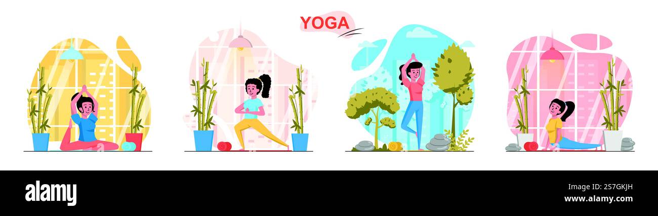 Yoga concept scenes set. Woman does yoga asanas, trains her body by ...