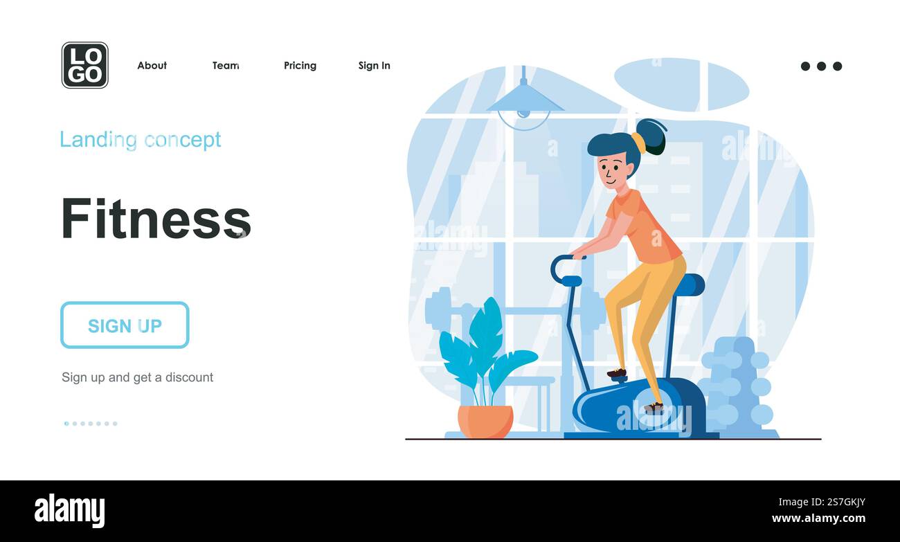 Fitness web concept. Woman exercising on sports machine in gym, doing ...