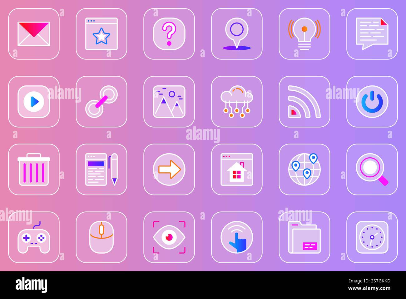 Website UI web glassmorphic icons set. Pack outline pictograms of email ...