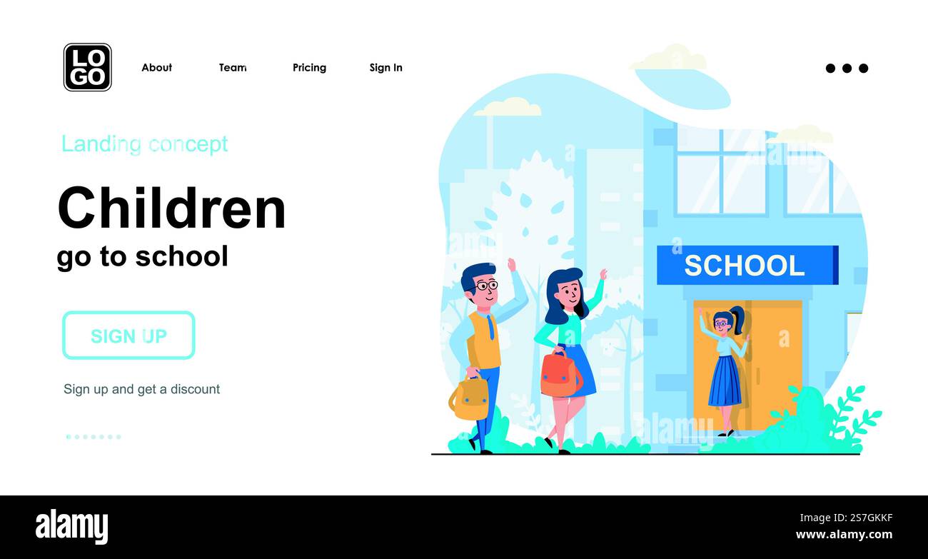 Children go to school web concept. Schoolchildren go to lessons ...
