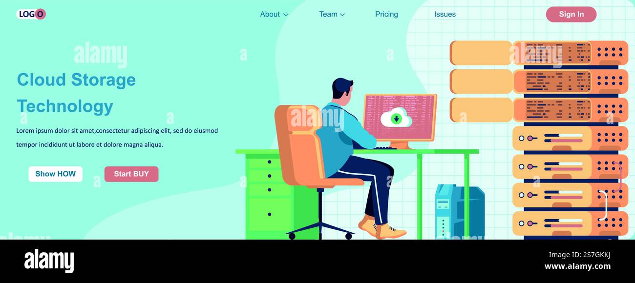Cloud Storage Technology web banner concept. Employee works in server room, technical engineer ...