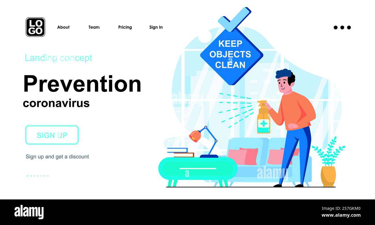 Prevention coronavirus web concept. Man keep objects clean using ...