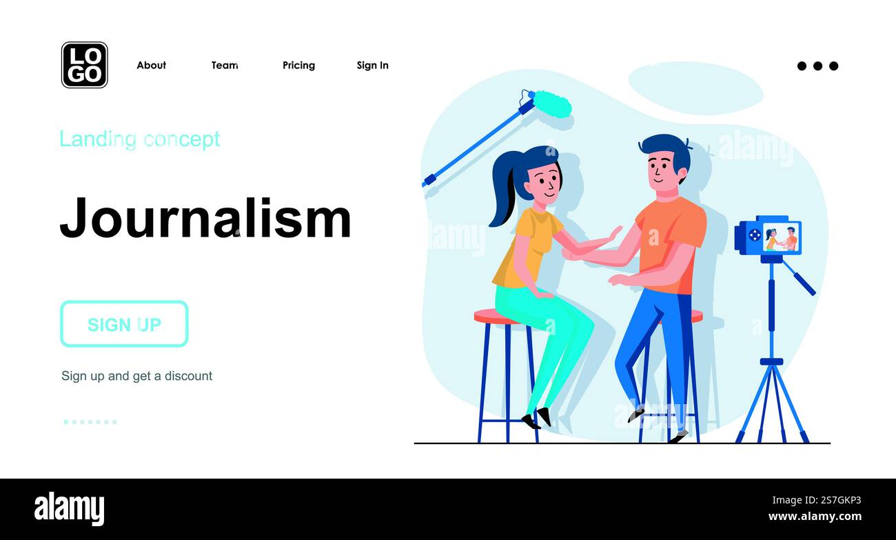 Journalism web concept. Recording of interview program, man and woman broadcasting live tv show ...