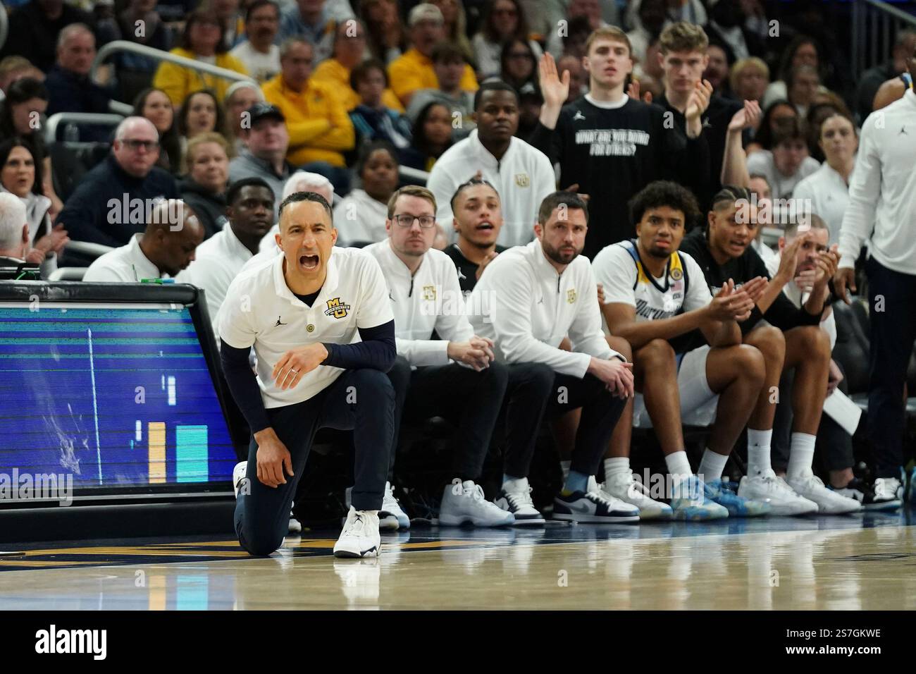 Marquette head coach Shaka Smart shouts from the sideline during the ...
