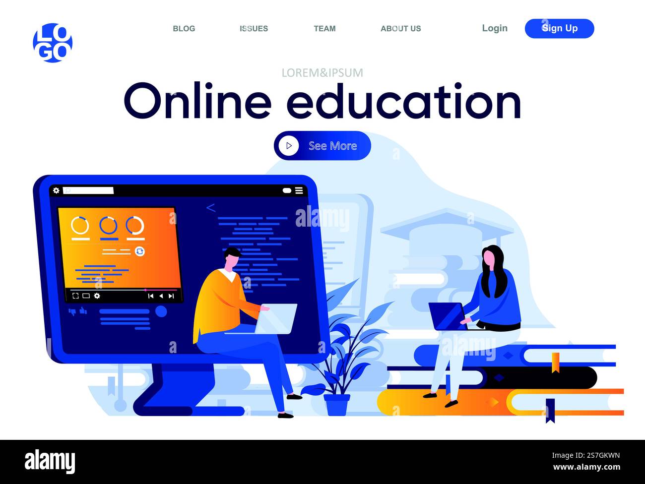Online education flat landing page. Students learning with laptops ...