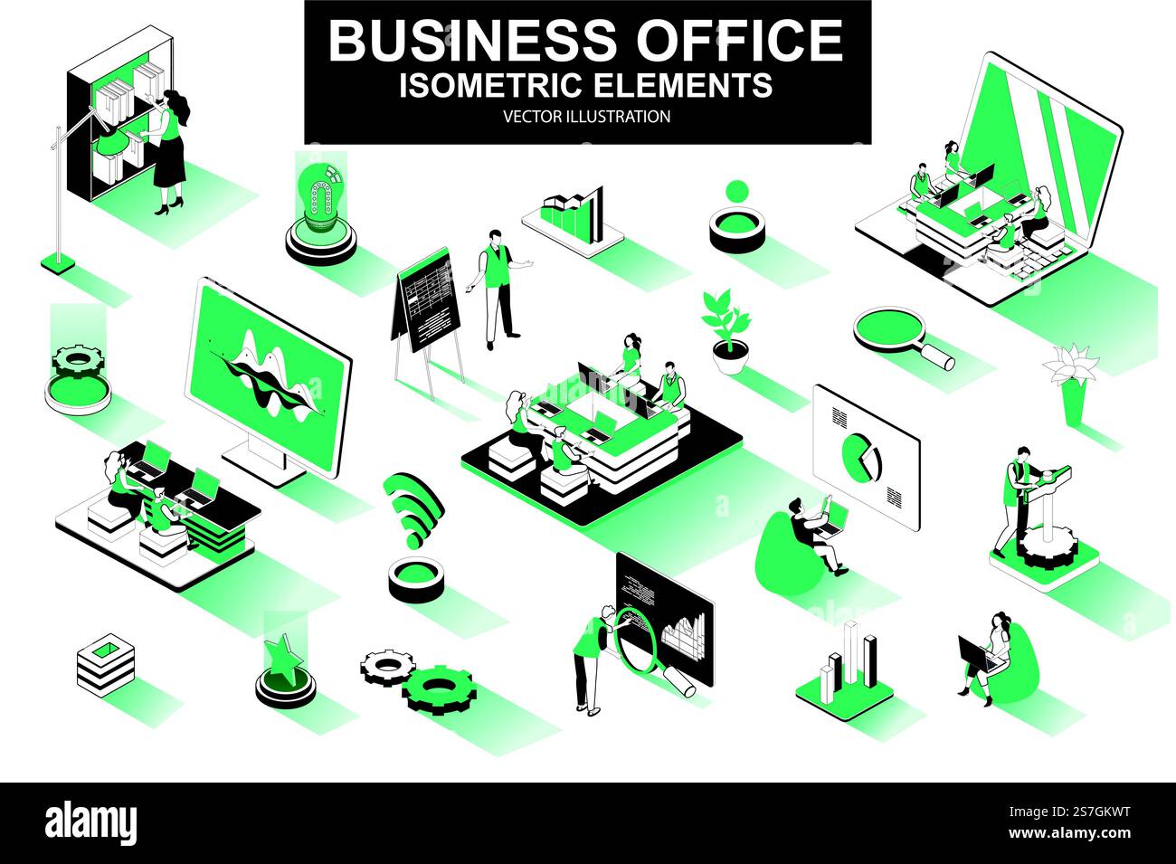 Business office bundle of isometric elements. Business analytics ...