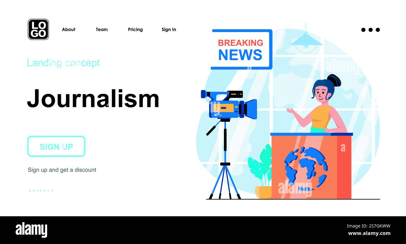 Journalism web concept. Television news program, presenter talks in ...