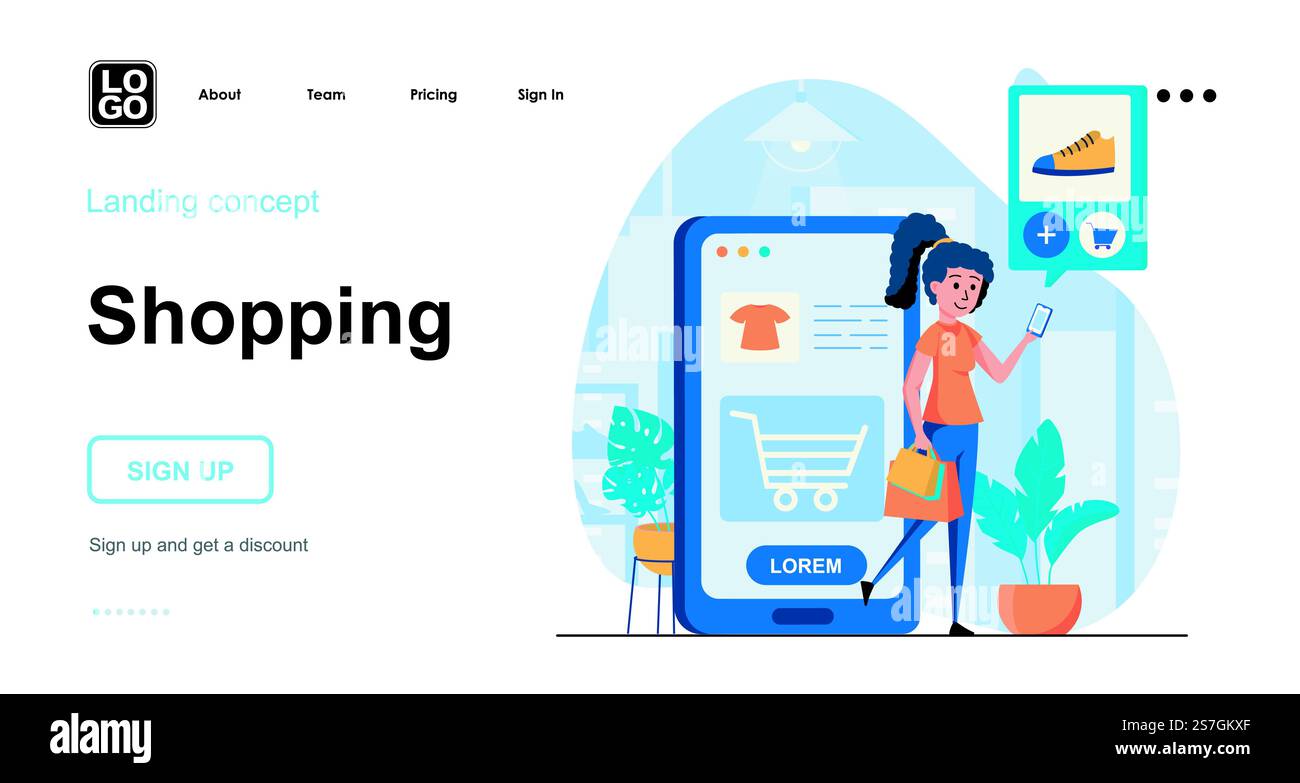 Shopping web concept. Woman makes purchases choosing clothes and shoes ...