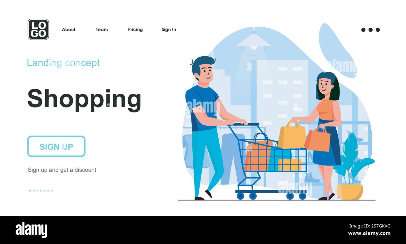 Shopping web concept. Couple making purchase in store, stacking bags in ...