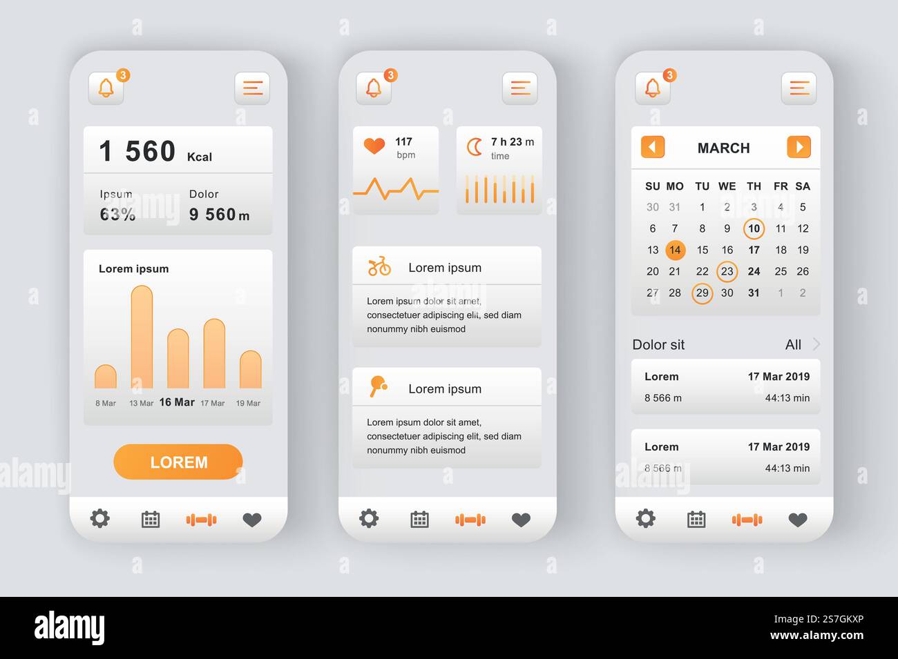 Fitness workout unique neomorphic design kit. Fitness activity app with ...