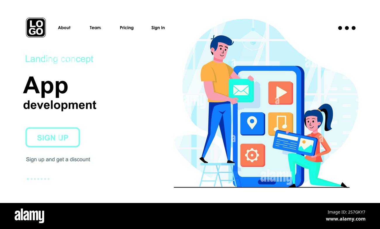 App development web concept. Team building mobile application, places interface buttons on ...