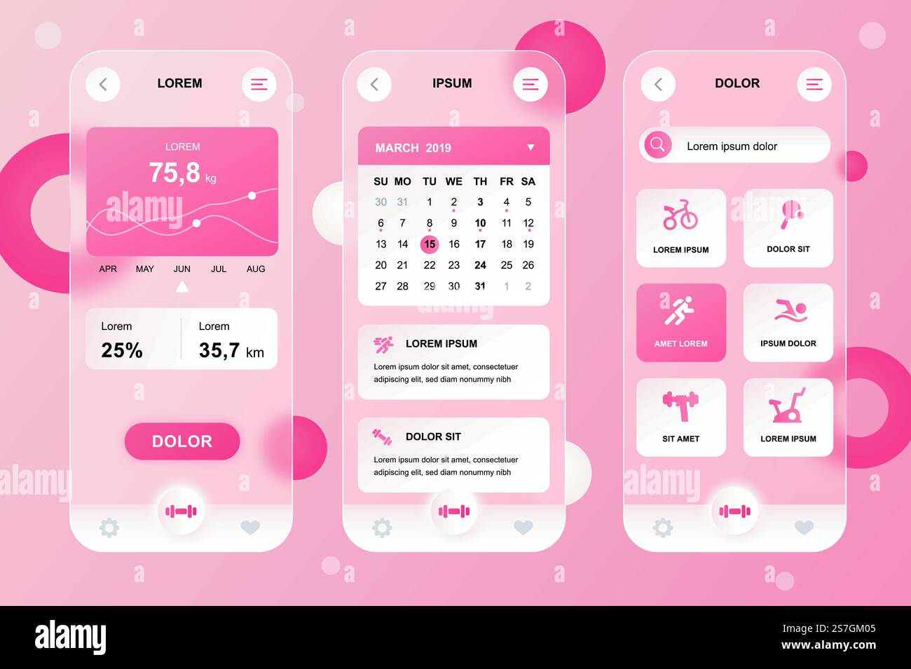 Fitness workout neumorphic elements kit for mobile app. Sports activity ...