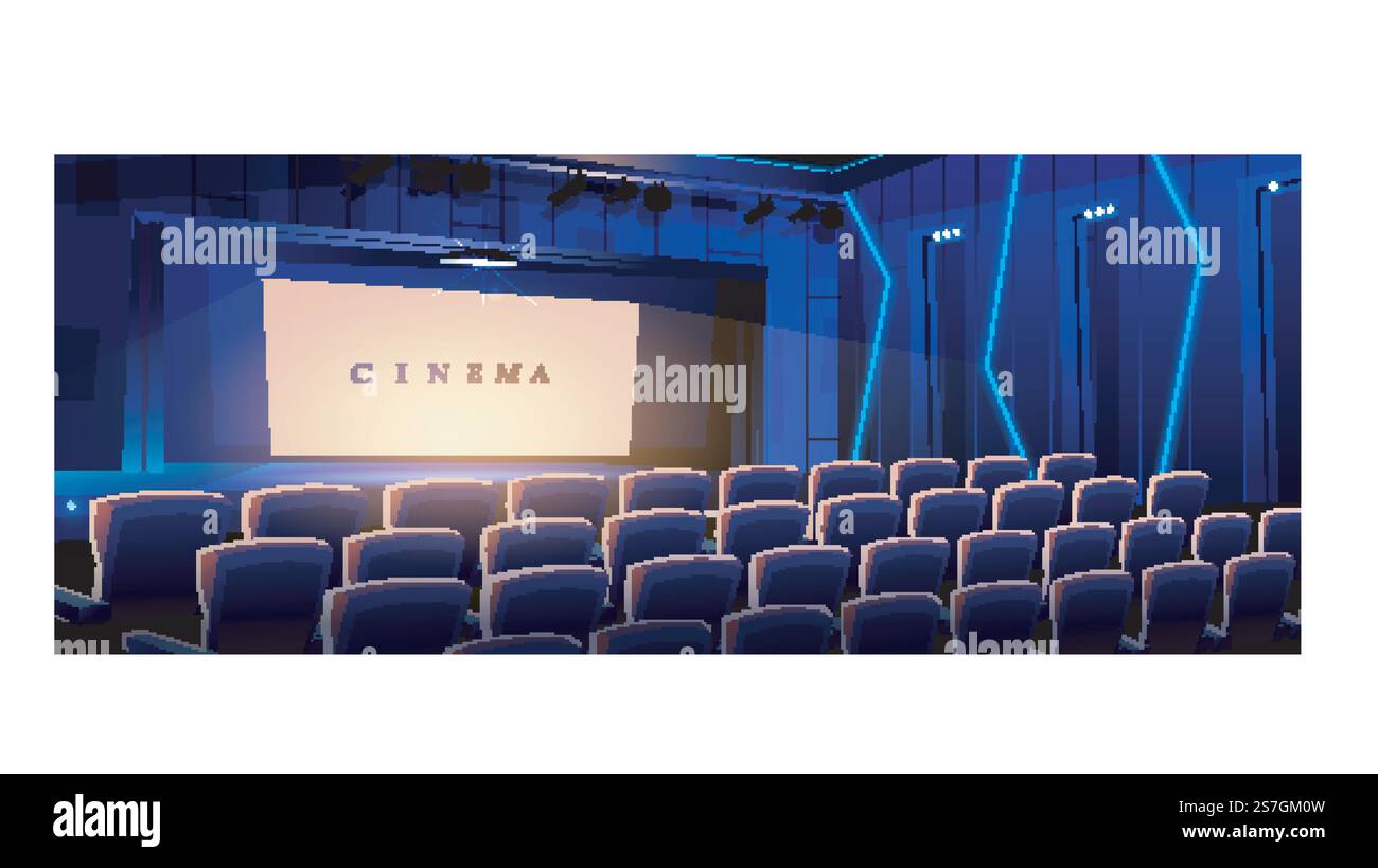 Cinema landing page. Movie concert hall with rows of armchairs and ...
