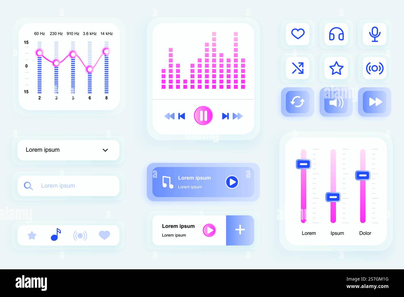 GUI elements for music player mobile app. Audio equalizer settings, playlist navigation, search ...
