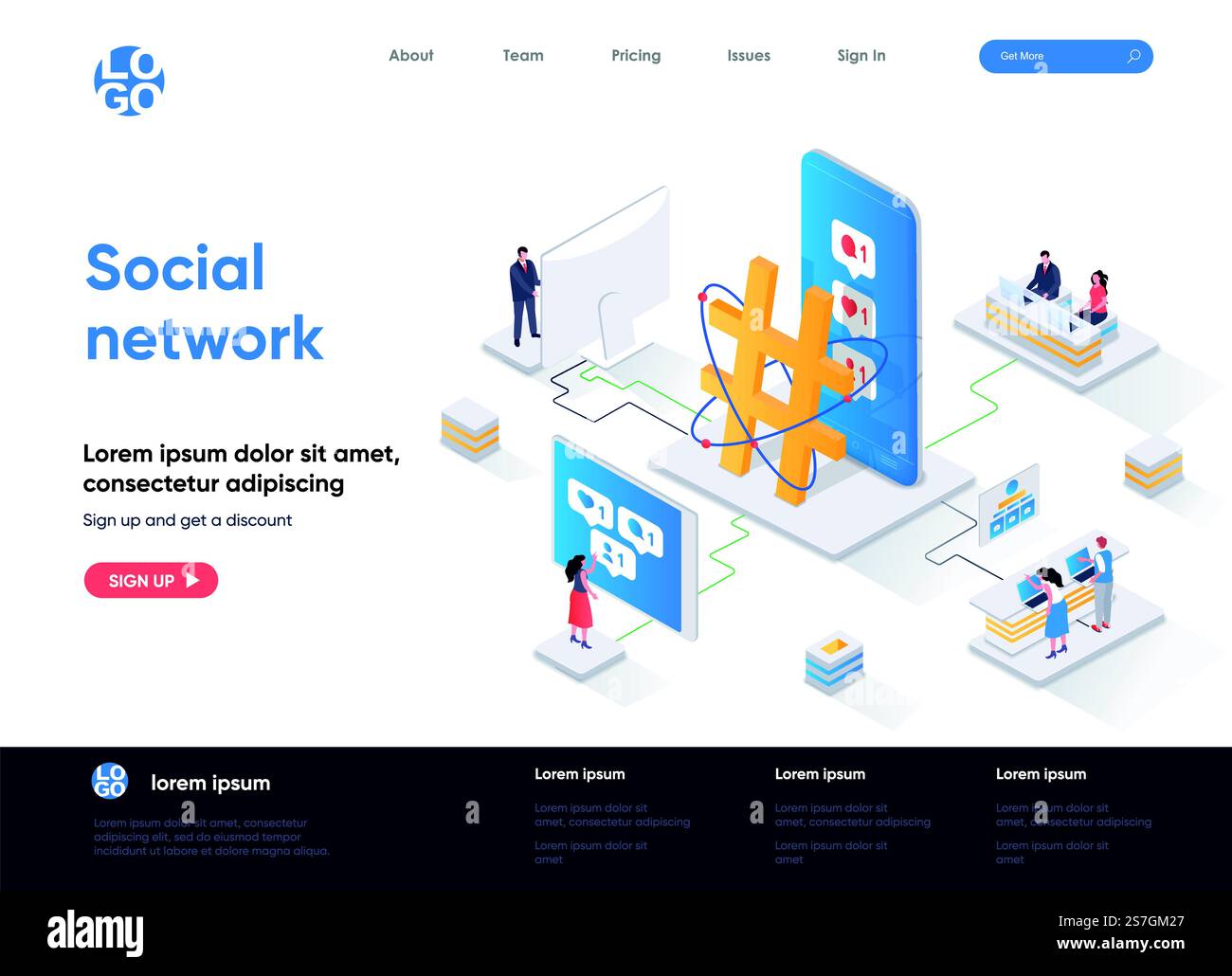 Social network isometric landing page. Internet community communication ...
