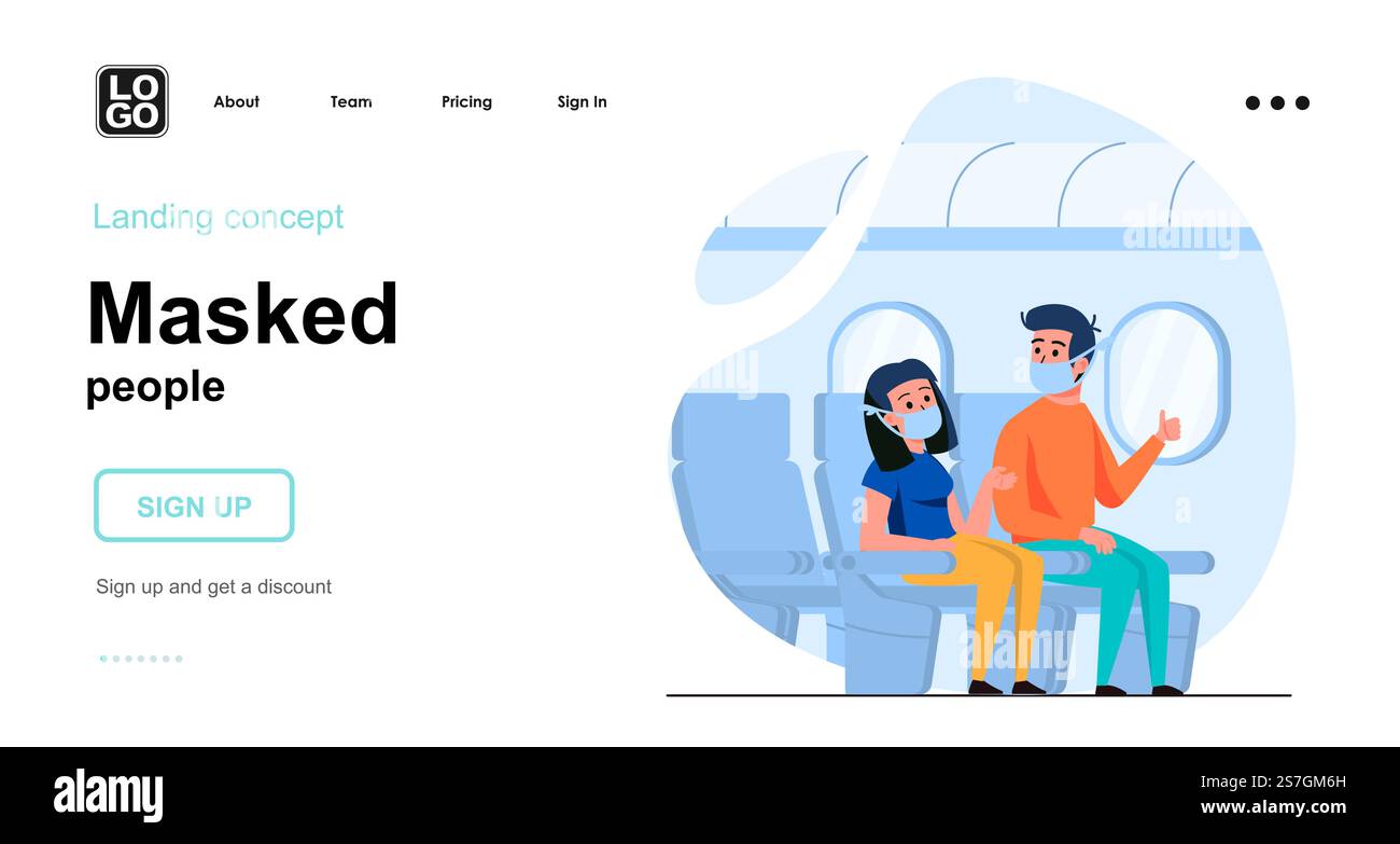 Masked people web concept. Man and woman wear masks on plane while ...
