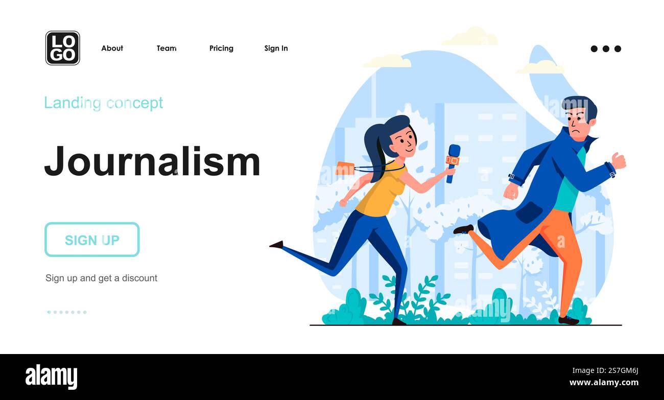Journalism web concept. Woman journalist running for man to interview. News program, mass media ...