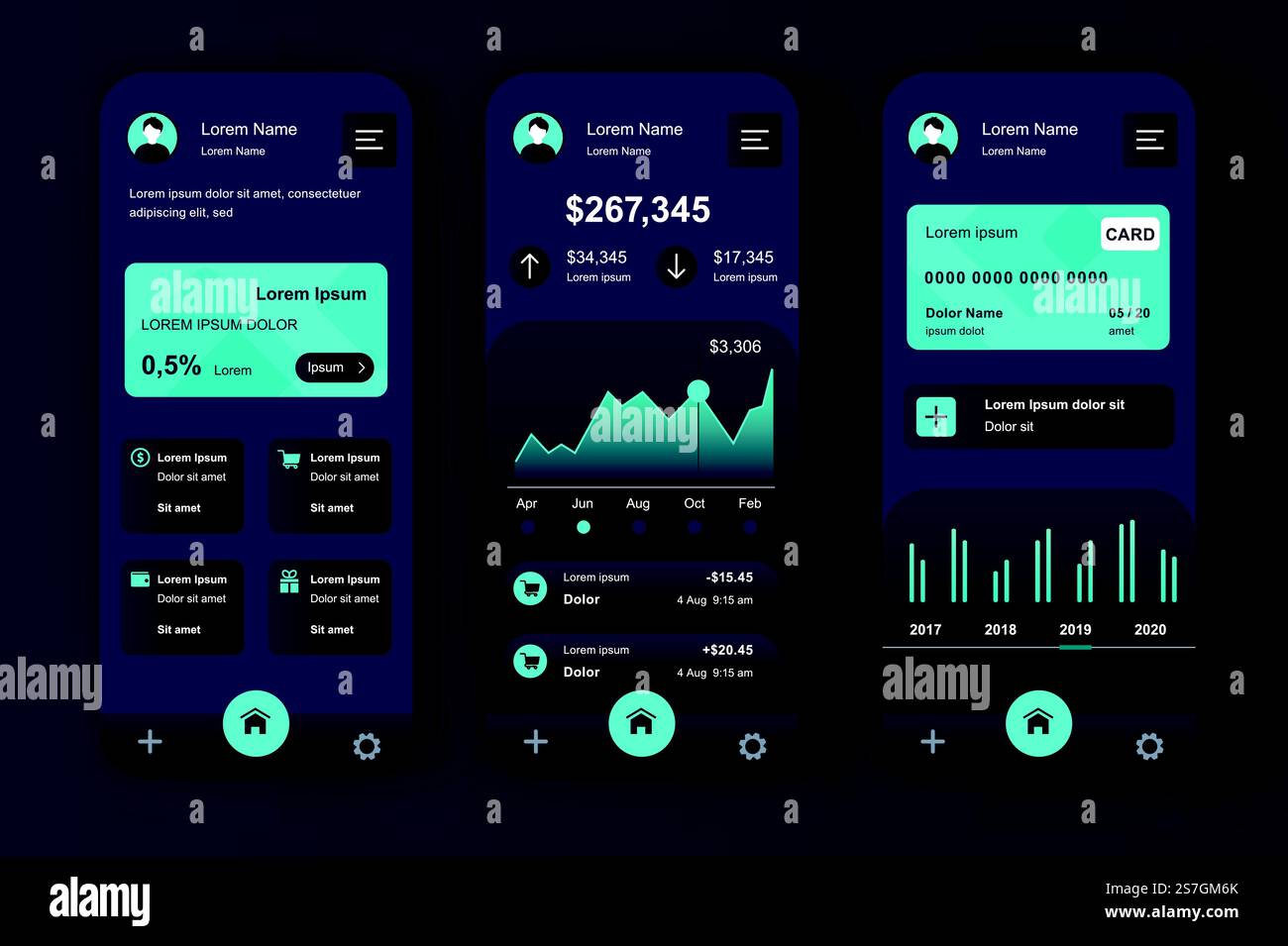 Finance services unique neomorphic design kit for mobile app. Online banking screen with charts ...