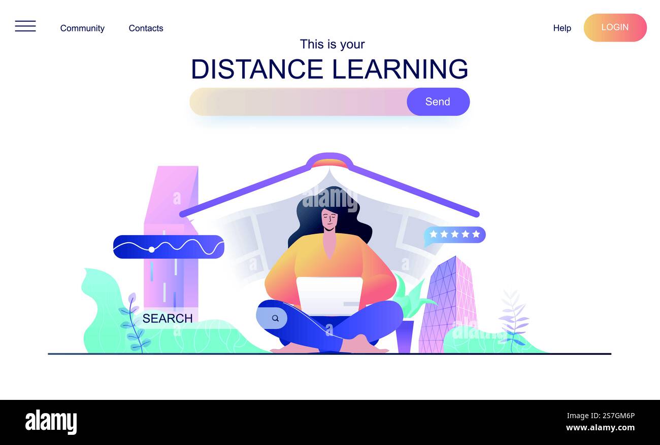 Distance learning web concept for landing page. Woman studying online, learning using laptop ...