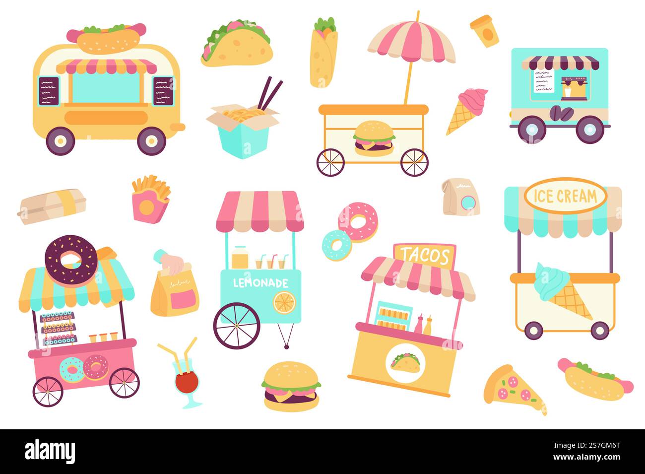 Fast food isolated objects set. Collection of food trucks street shops ...