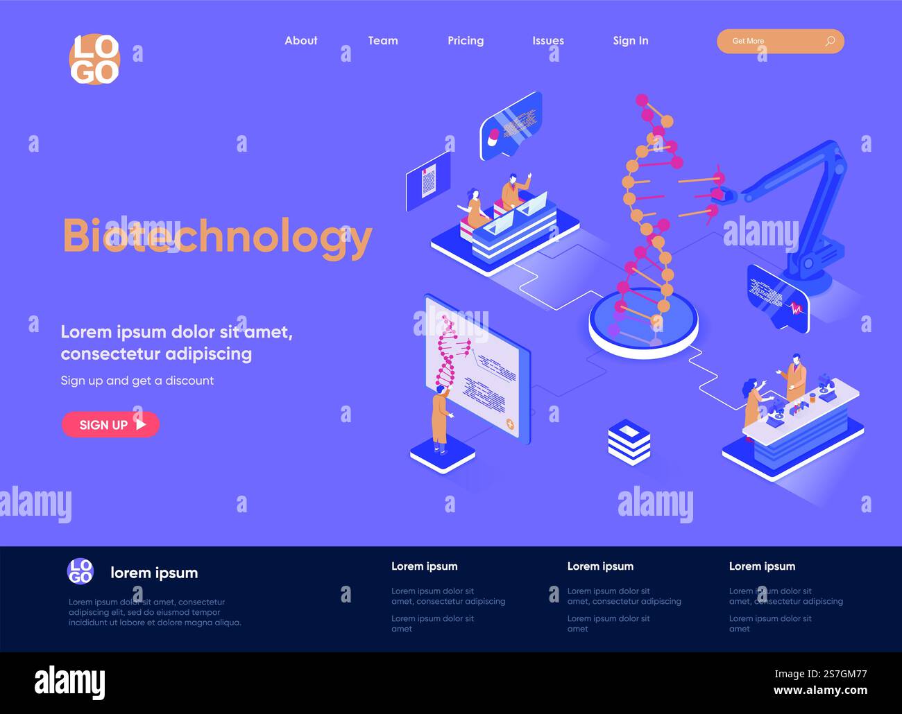 Biotechnology isometric landing page. DNA sequence cloning and ...
