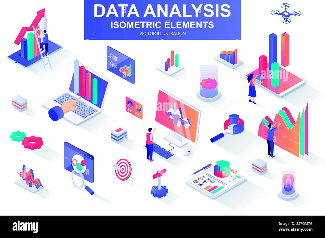 Data analysis bundle of isometric elements. Growing chart, business ...