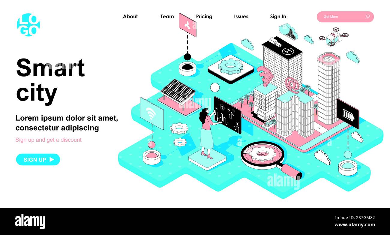 Smart city isometric concept. Future cityscape, skyscrapers and ...