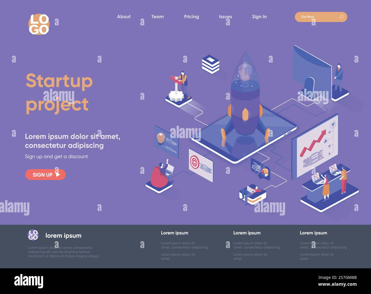 Startup project isometric landing page. Team of startup founders ...