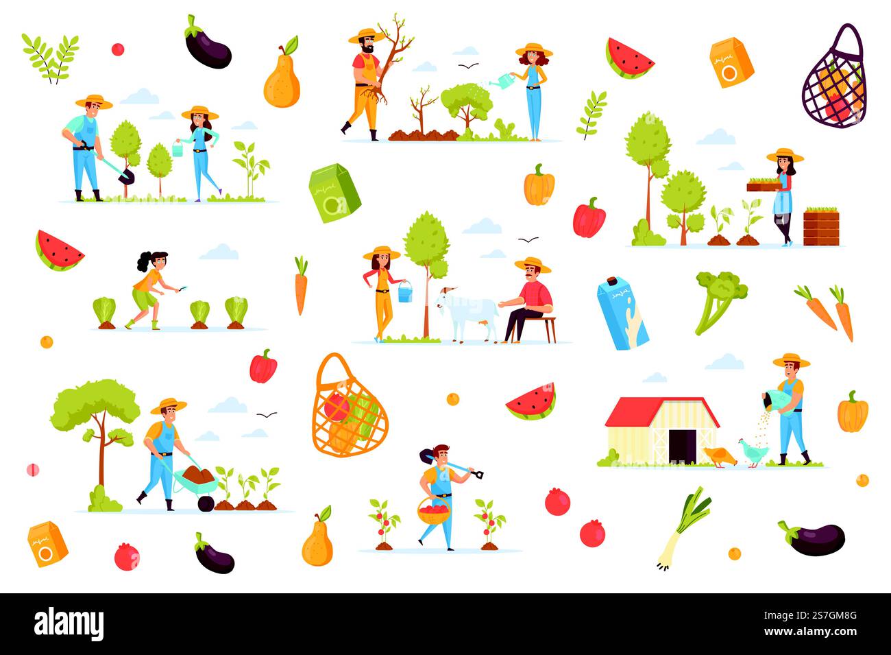 Organic production bundle of flat scenes. Farmers planting trees ...