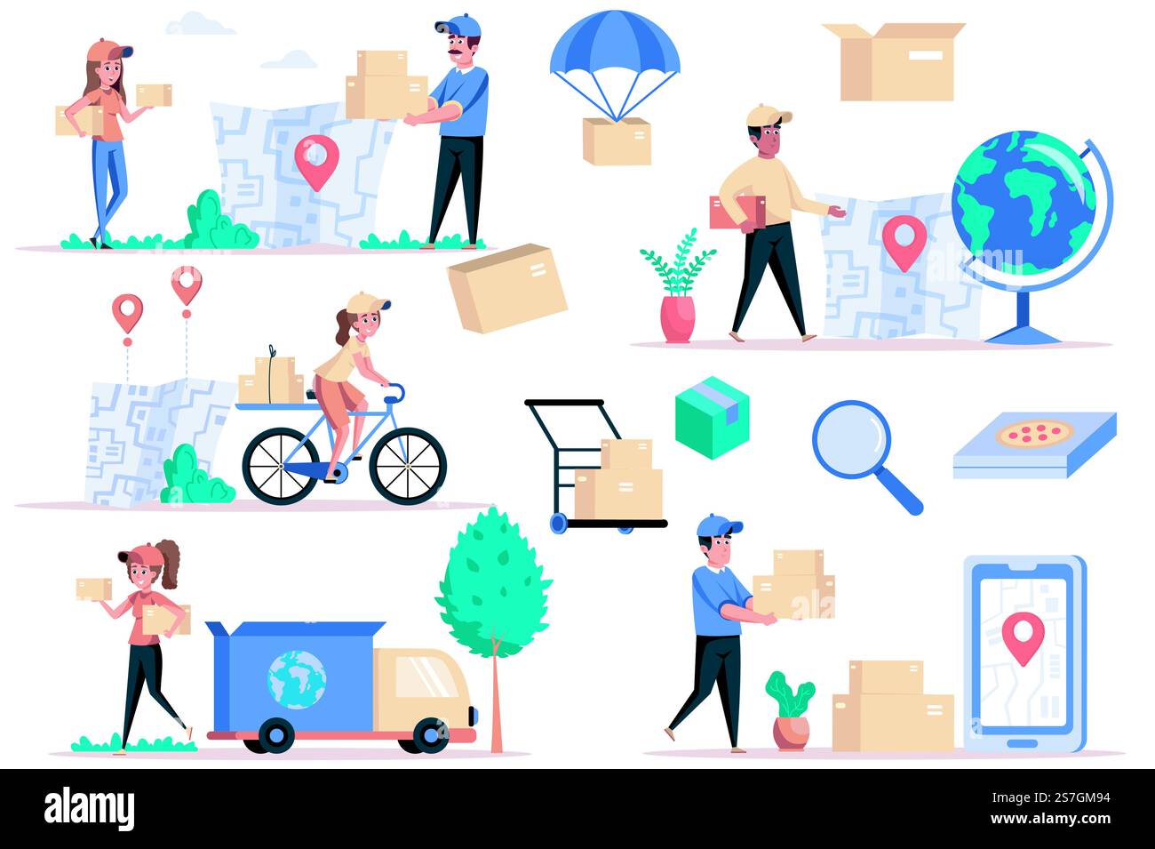 Delivery service isolated elements set. Bundle of couriers delivering ...