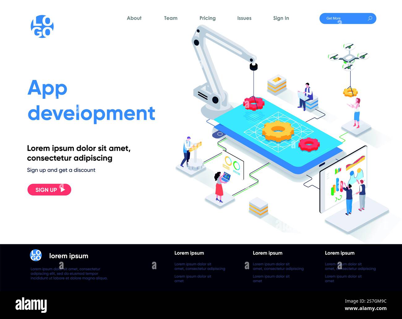App Development Isometric Landing Page Ui Ux Design Prototyping Engineering And Programming