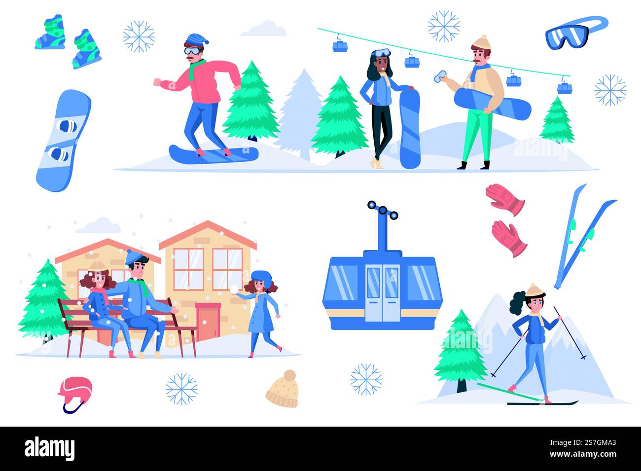 Ski resort isolated elements set. Bundle of people rest in mountains in ...