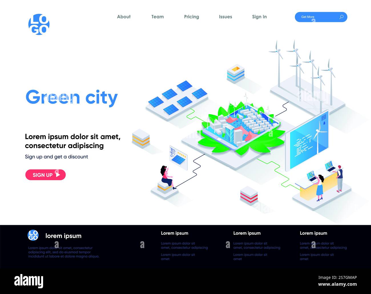 Green city isometric landing page ecology conservation and safety hi ...