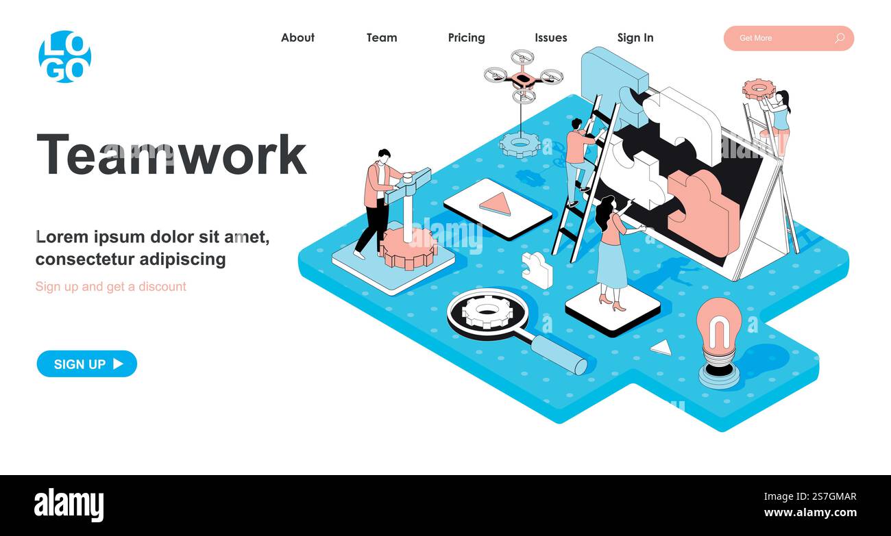 Teamwork isometric concept. Colleagues work together, collaboration and ...