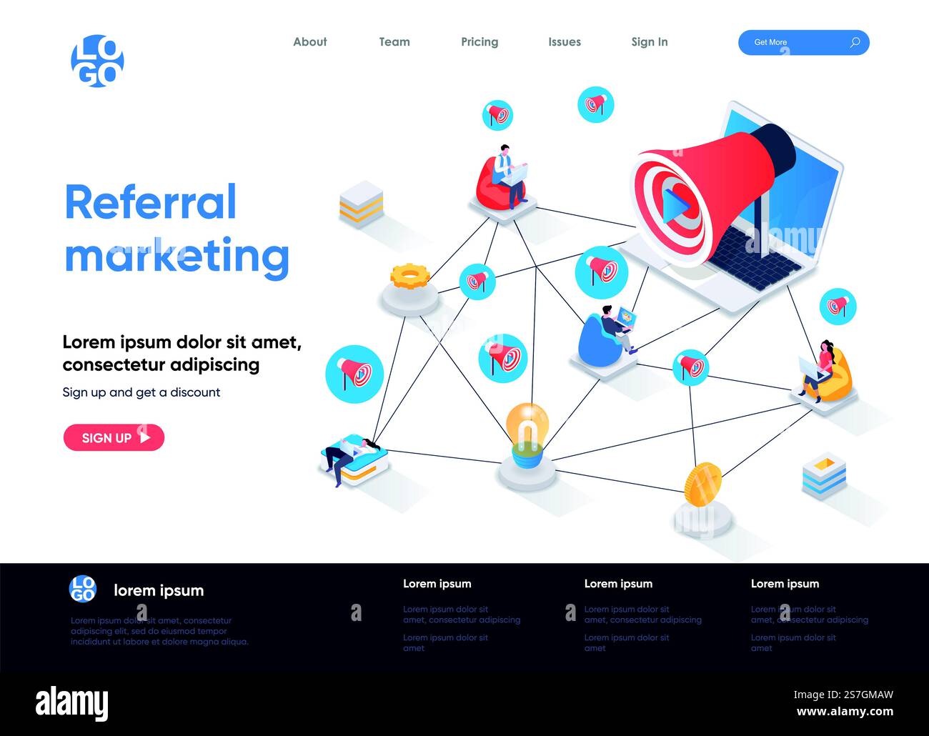 Referral marketing isometric landing page. Promoting in social media ...