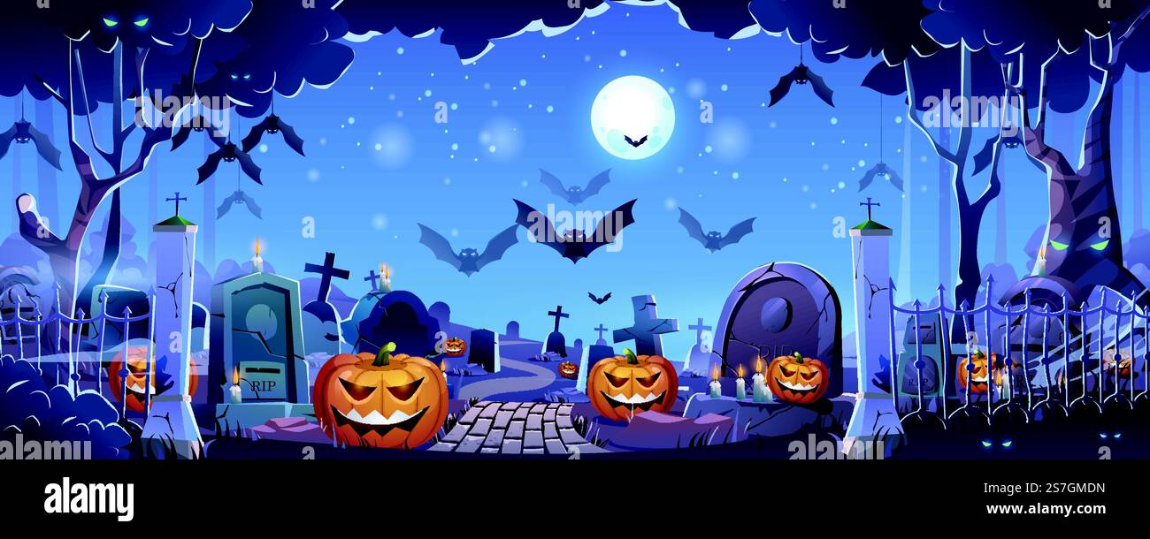 Halloween graveyard landing page. Night cemetery with gravestones and crosses, flying bats and ...
