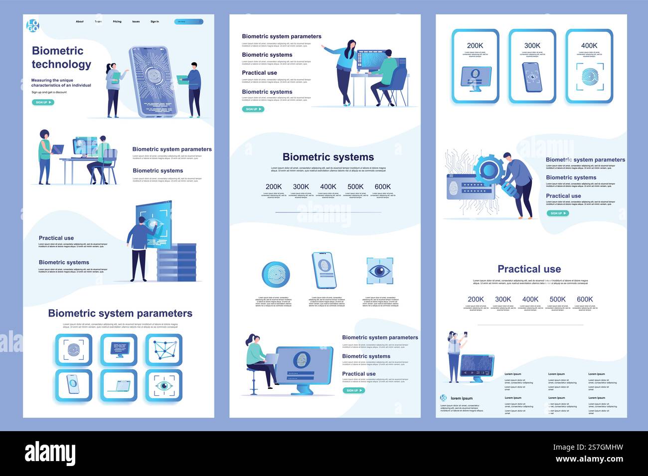 Biometric technology flat landing page. Biometrics authentication and ...