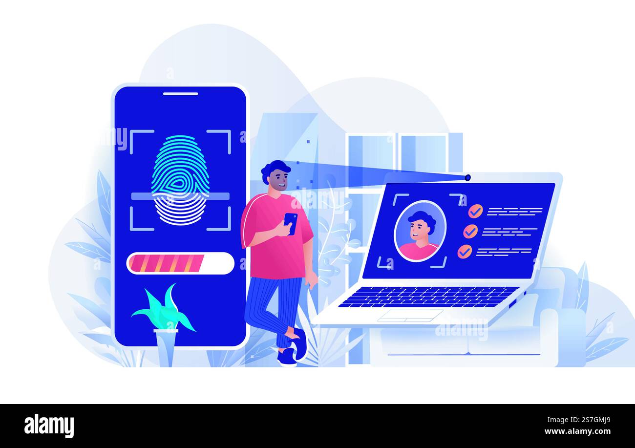 Biometric access control concept in flat design. User identification by face recognition and ...