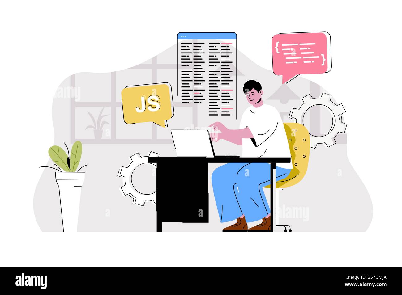 Web developer concept. Designer develops site, writes code, creates ...