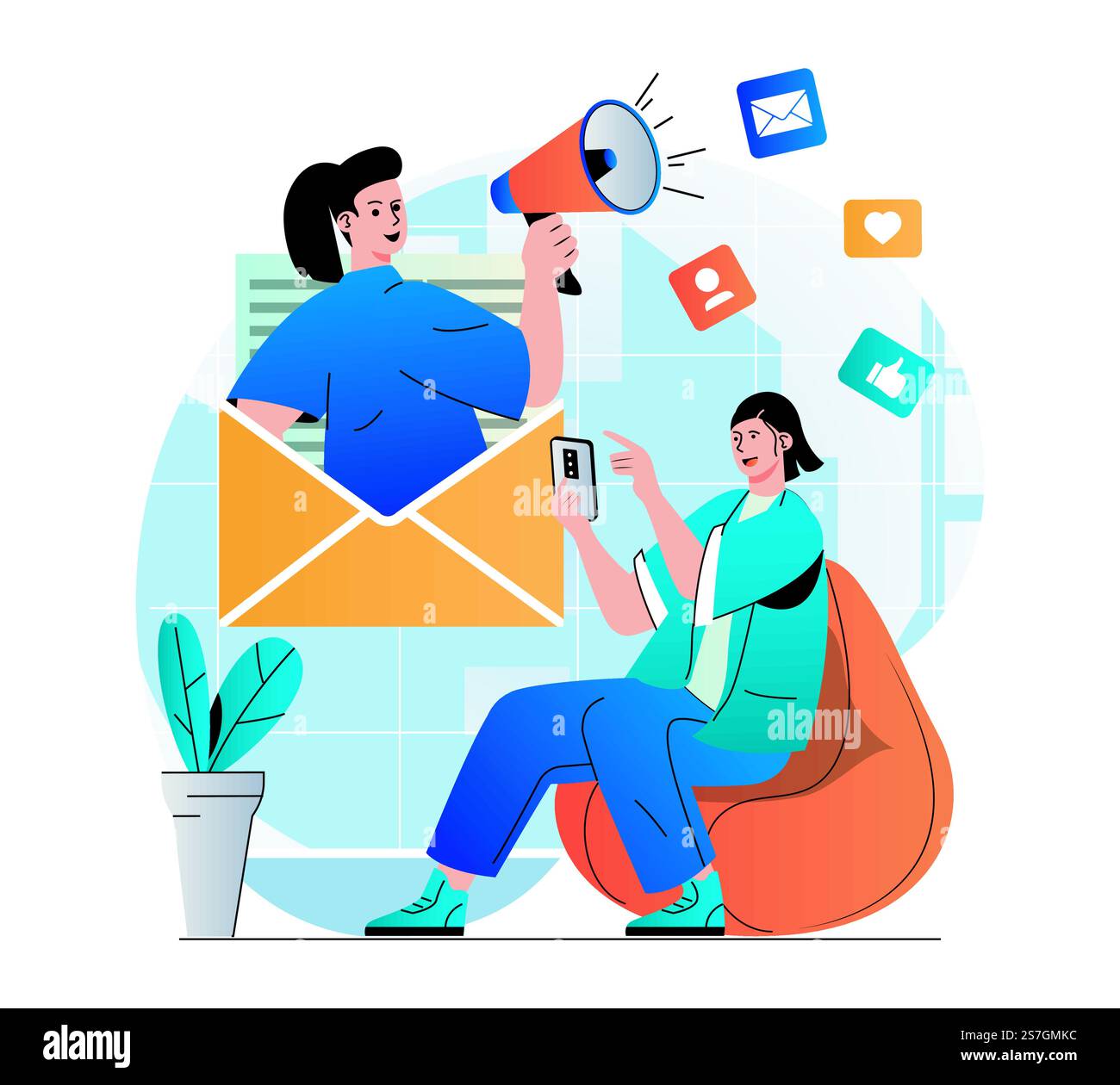 Email marketing concept in modern flat design. Woman receiving newsletter in mobile app ...