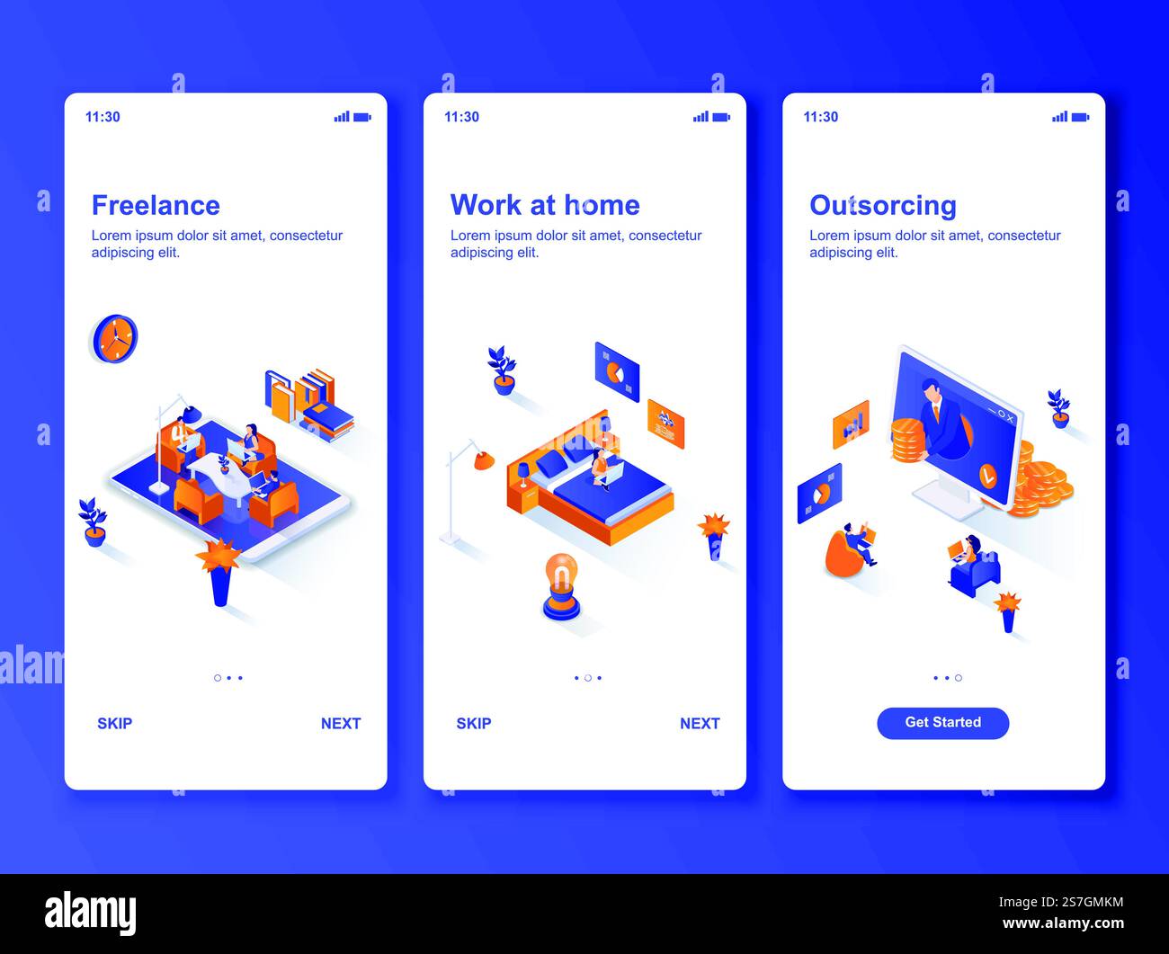 Work at home isometric GUI design kit. Freelance occupation ...