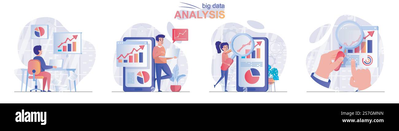 Big data analysis concept scenes set analyst works with statistics hi ...