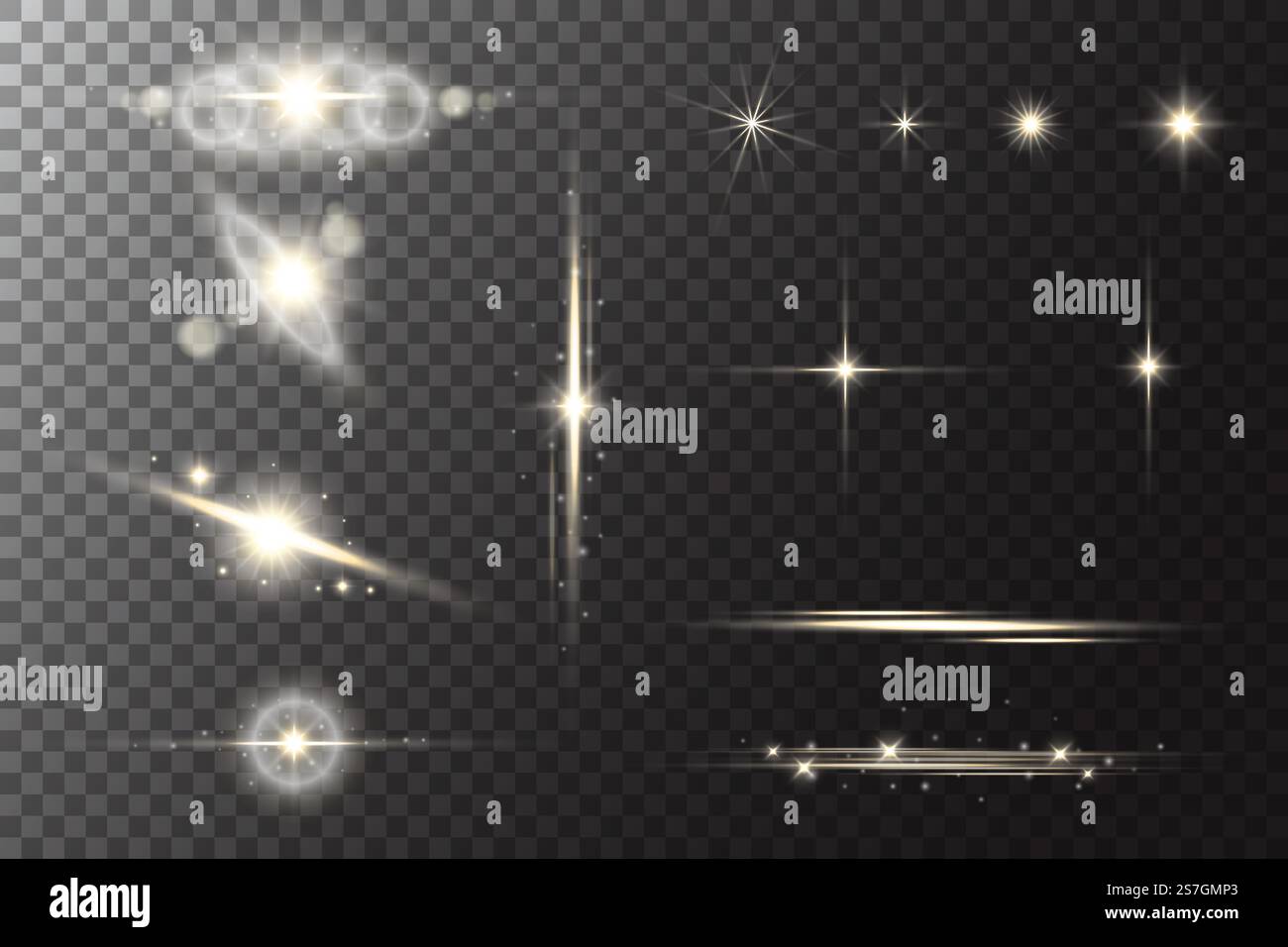 Star with light flare glow. Shiny sparkles with glitter and flashes. Vector golden glare on ...