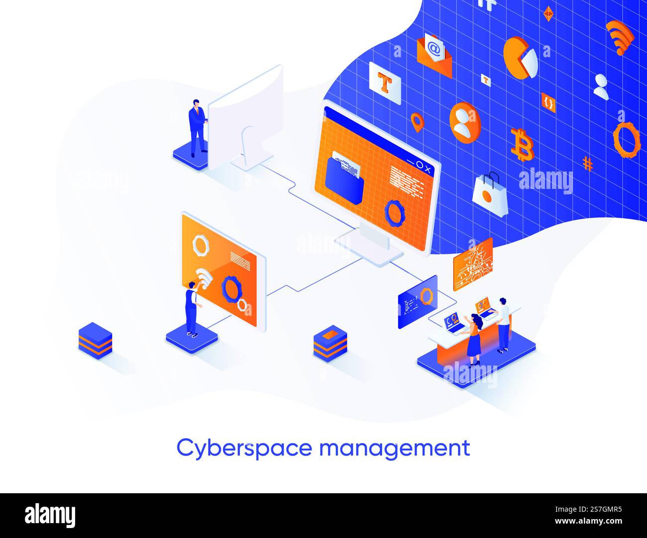 Cyberspace management isometric web banner. Network management software ...