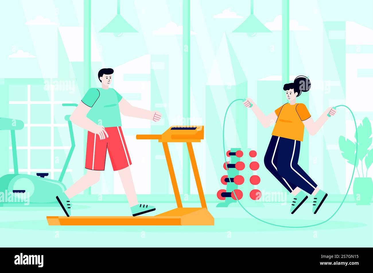 Fitness gym concept in flat design. Couple exercising in sports club ...