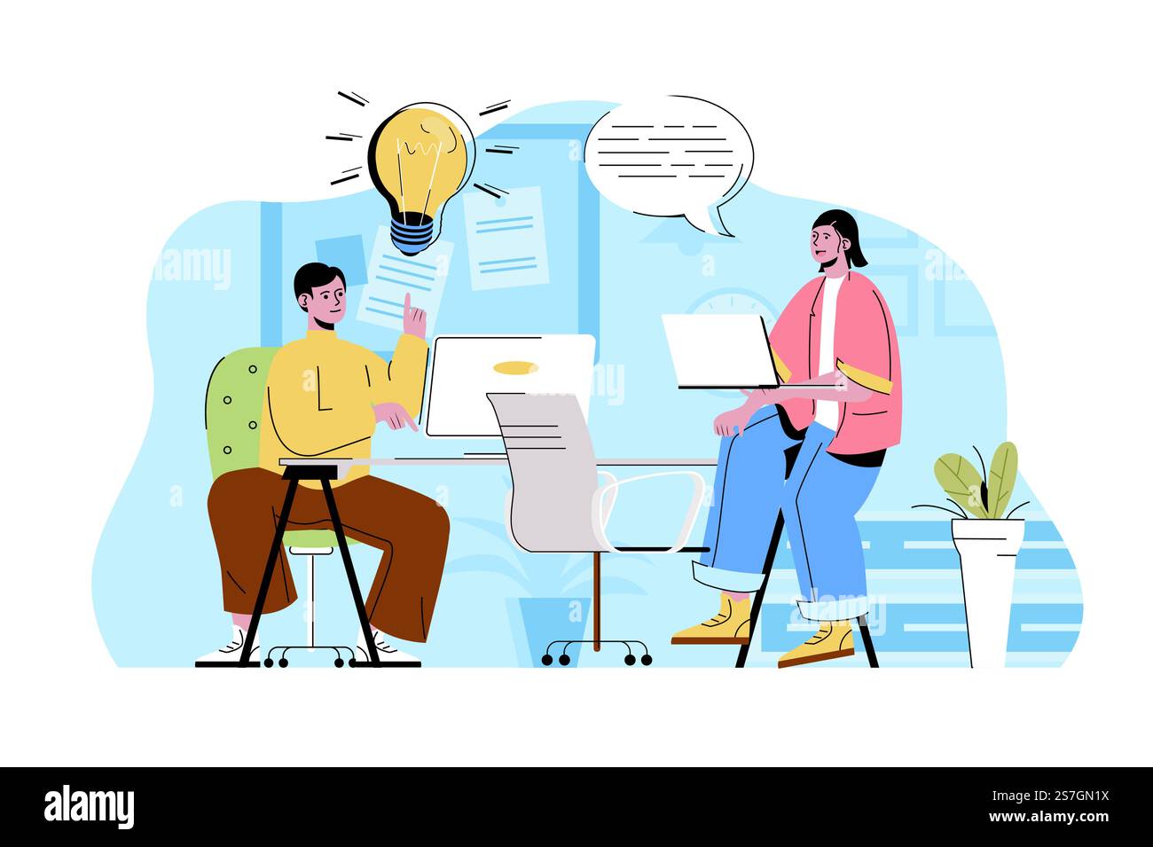 Coworking office concept. Employees brainstorming and working together situation. Coworker or ...