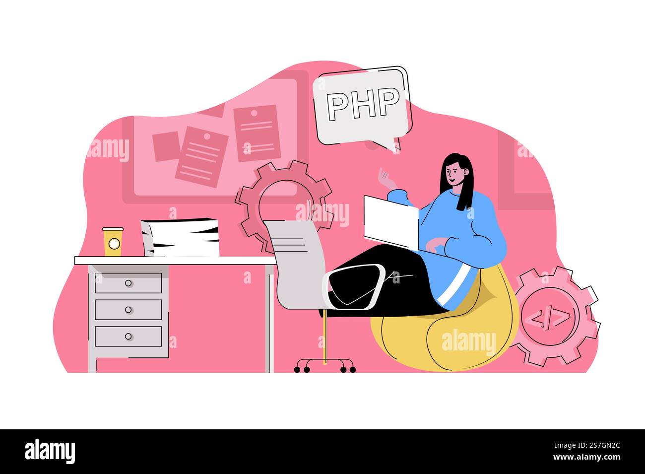 Programming tools concept. Woman works in different programming ... Programming tools concept. Woman works in different programming ...