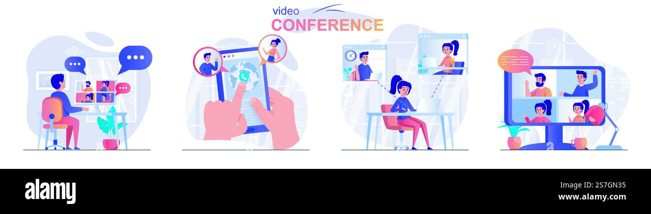 Video conference concept scenes set. Men and women calling via video ...